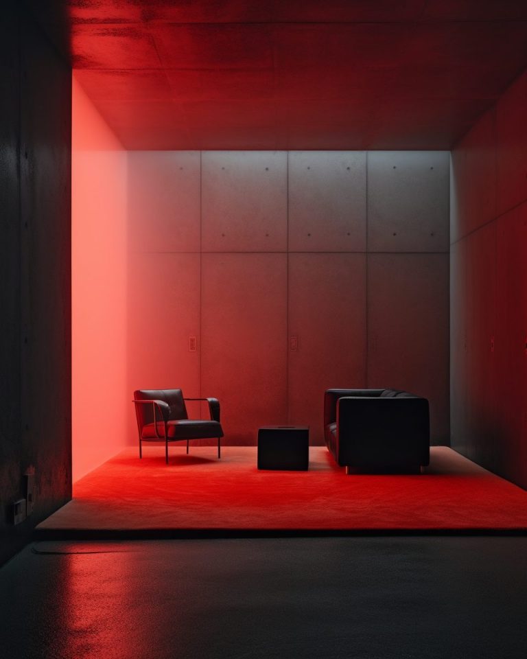 Brutalist and Minimalist Home Interior with Red Lighting