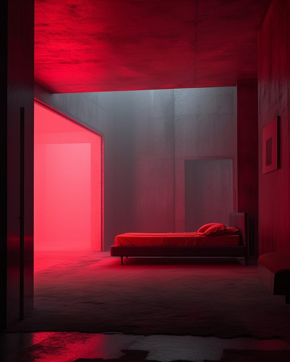 Brutalist and Minimalist Home Interior with Red Lighting