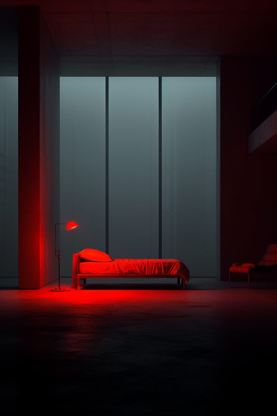 Brutalist and Minimalist Home Interior with Red Lighting