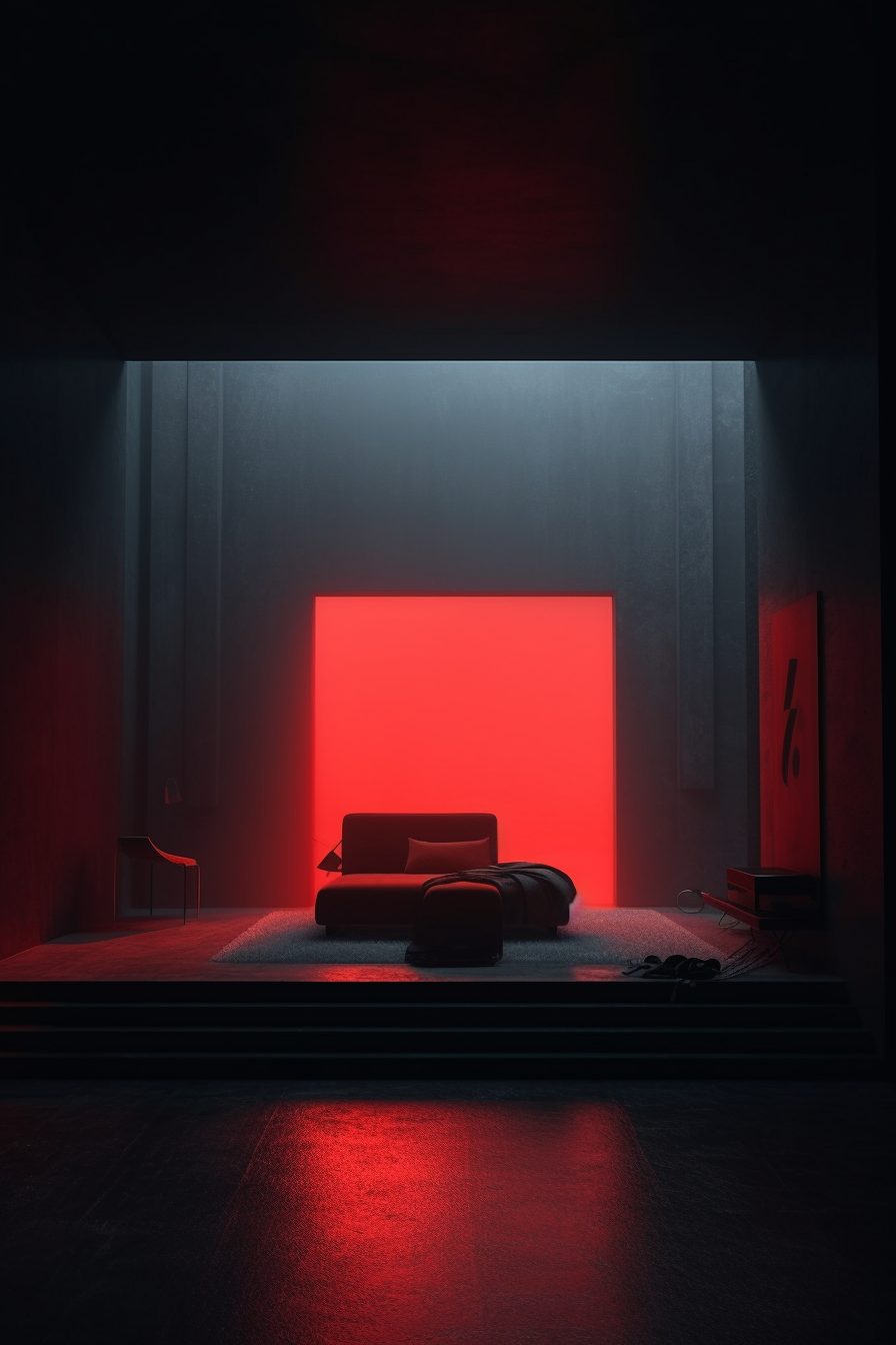 Brutalist and Minimalist Home Interior with Red Lighting