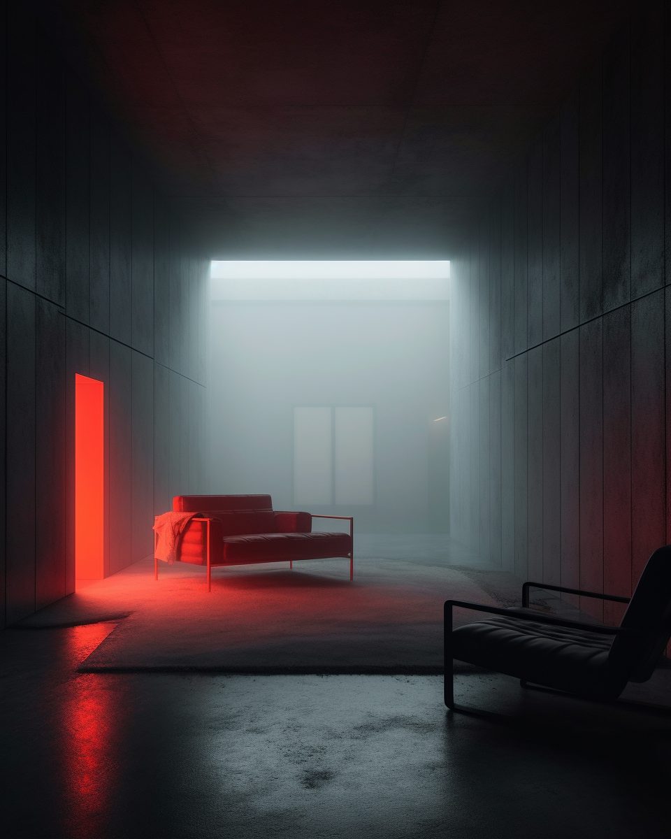 Brutalist and Minimalist Home Interior with Red Lighting