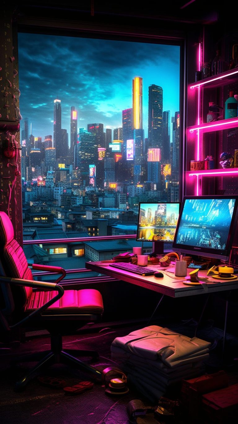 Cyberpunk Computer Bedroom with an Amazing View