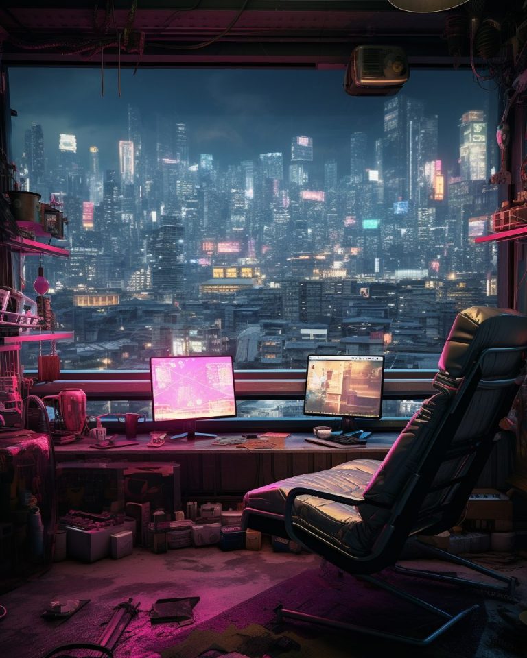 Cyberpunk Computer Bedroom with an Amazing View