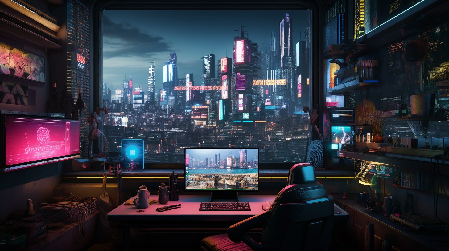 Cyberpunk Computer Bedroom with an Amazing View