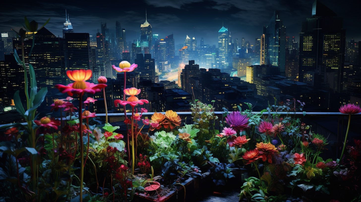 Cyberpunk Garden with a Cityscape View