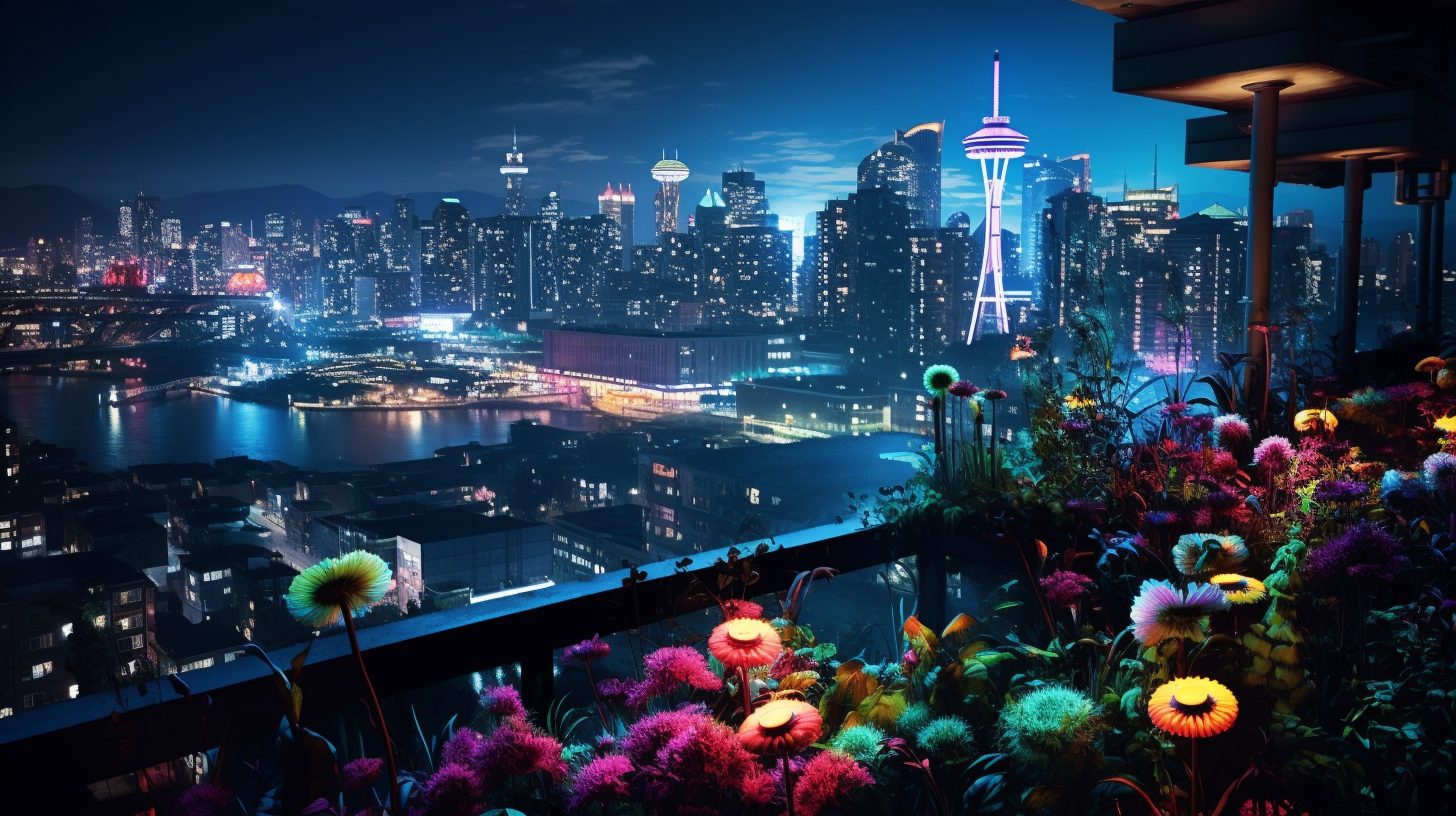 Cyberpunk Garden with a Cityscape View