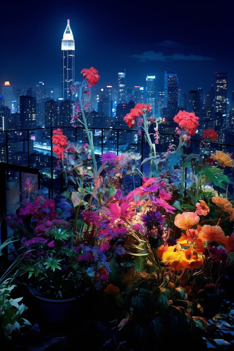 Cyberpunk Garden with a Cityscape View