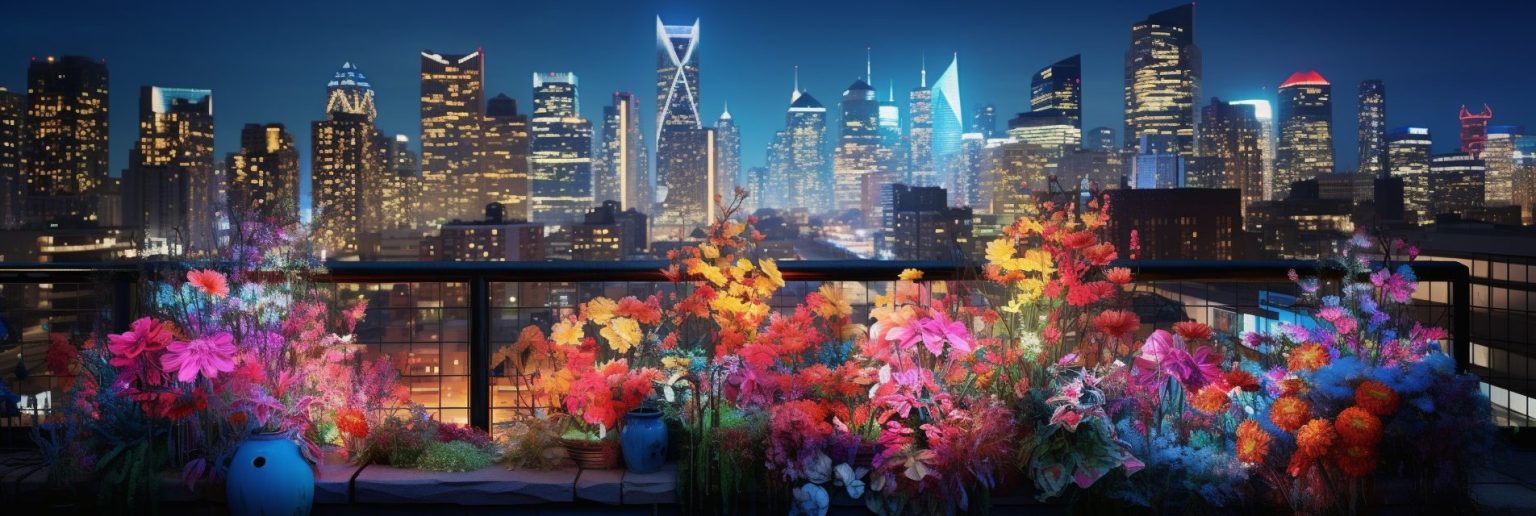 Cyberpunk Garden with a Cityscape View
