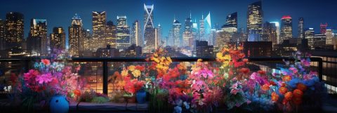 Cyberpunk Garden with a Cityscape View