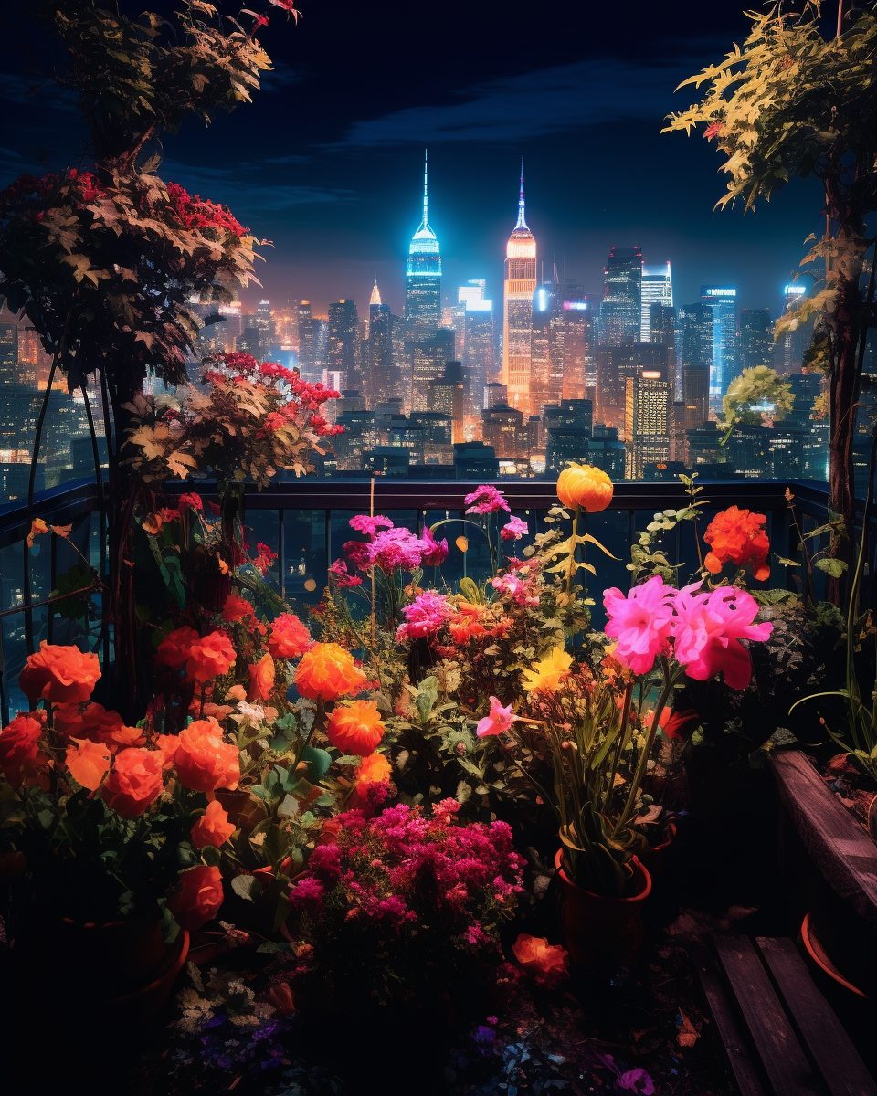 Cyberpunk Garden with a Cityscape View