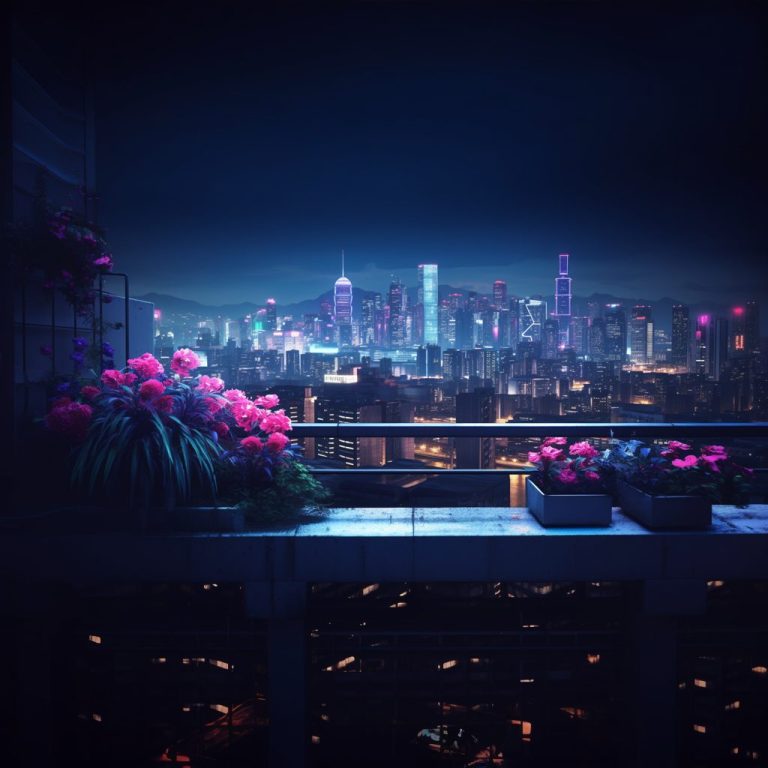 Cyberpunk Garden with a Cityscape View