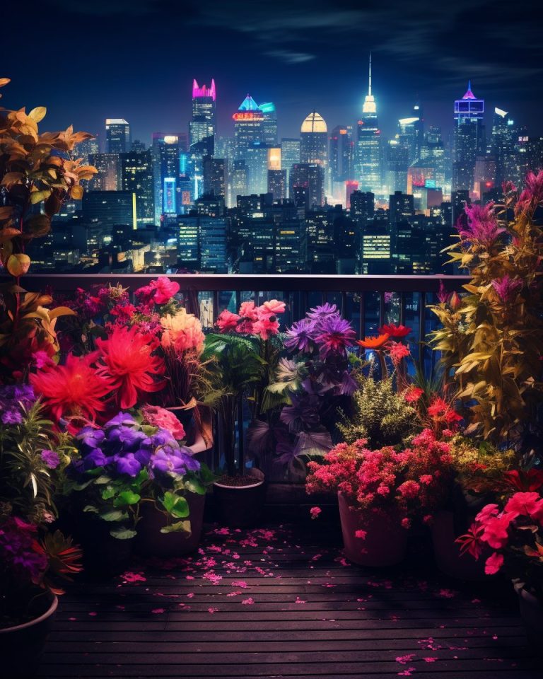 Cyberpunk Garden with a Cityscape View