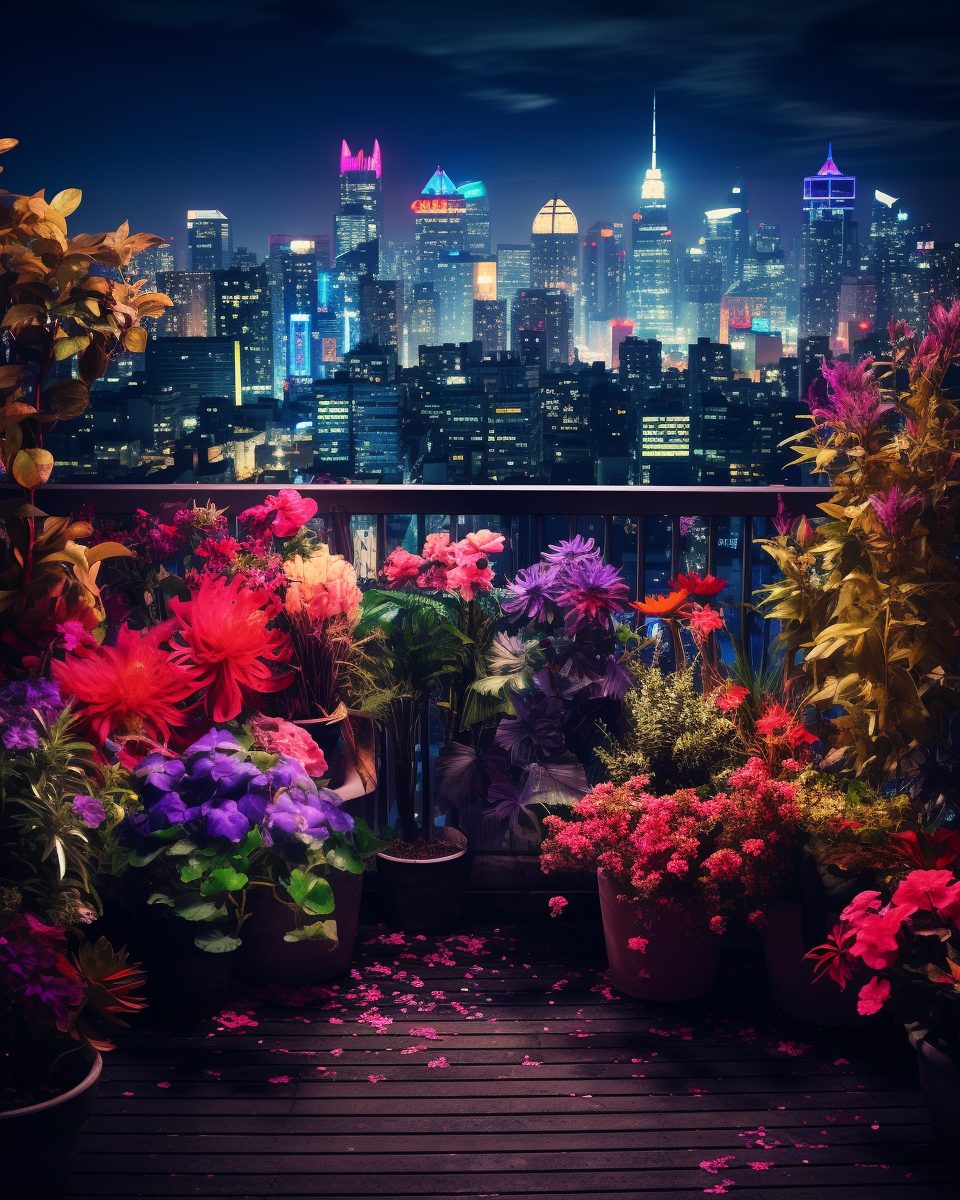 Cyberpunk Garden with a Cityscape View