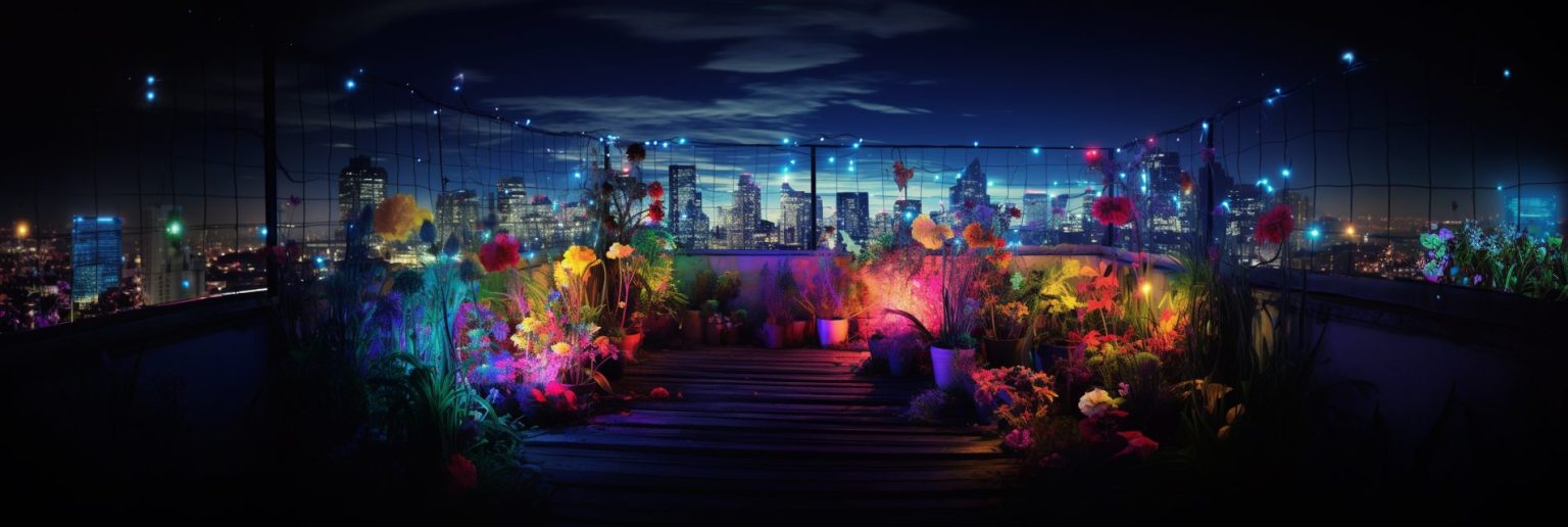 Cyberpunk Garden with a Cityscape View