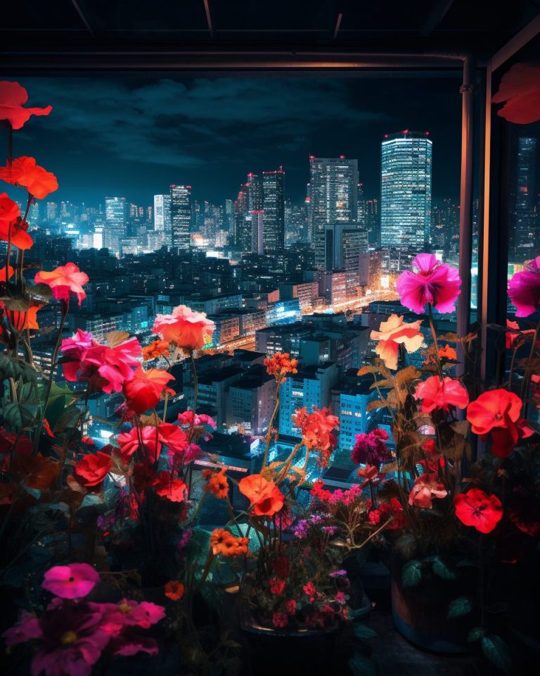Cyberpunk Garden with a Cityscape View