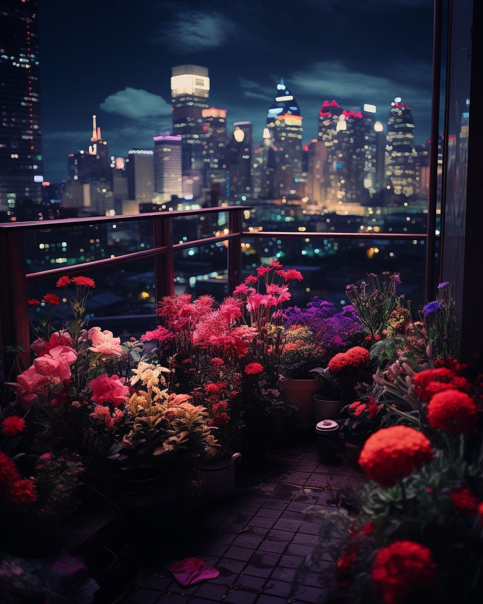 Cyberpunk Garden with a Cityscape View