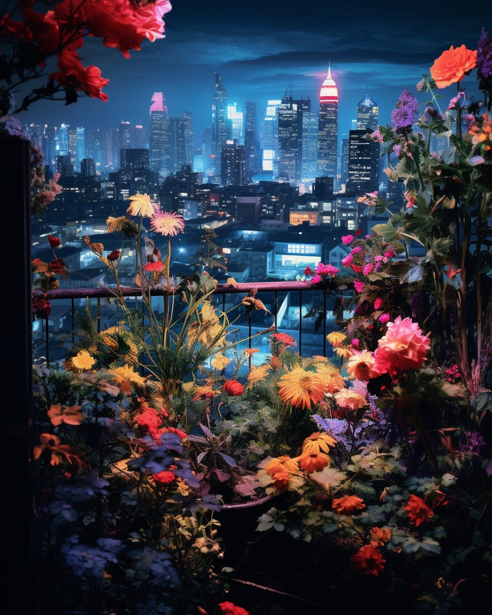 Cyberpunk Garden with a Cityscape View
