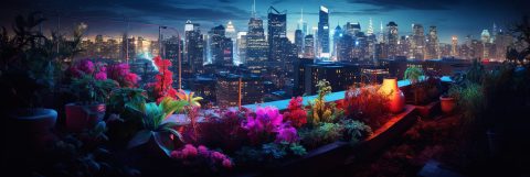 Cyberpunk Garden with a Cityscape View