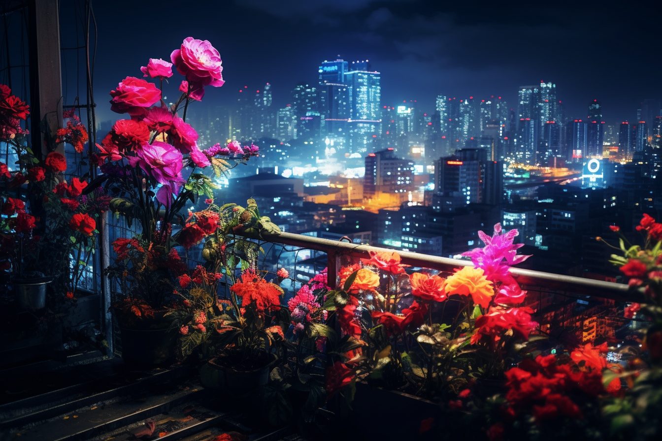Cyberpunk Garden with a Cityscape View