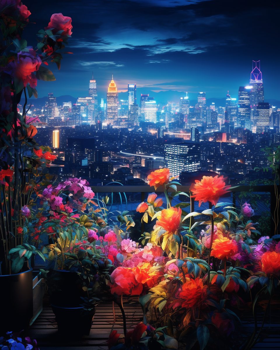 Cyberpunk Garden with a Cityscape View