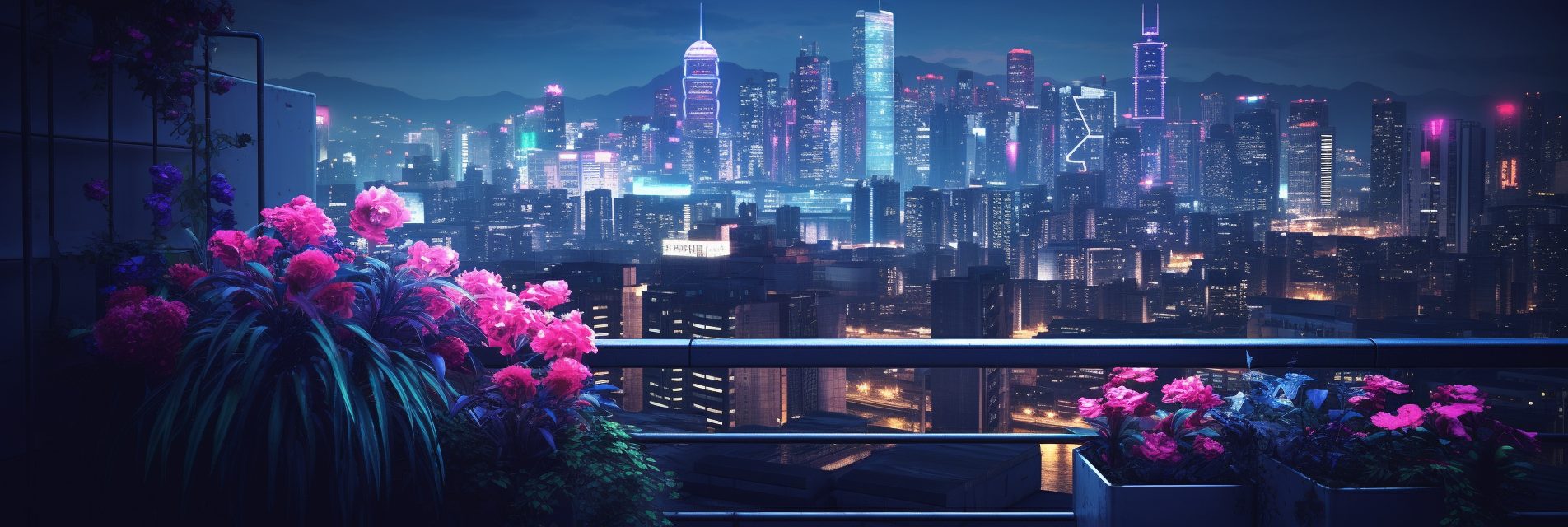 Cyberpunk Garden with a Cityscape View
