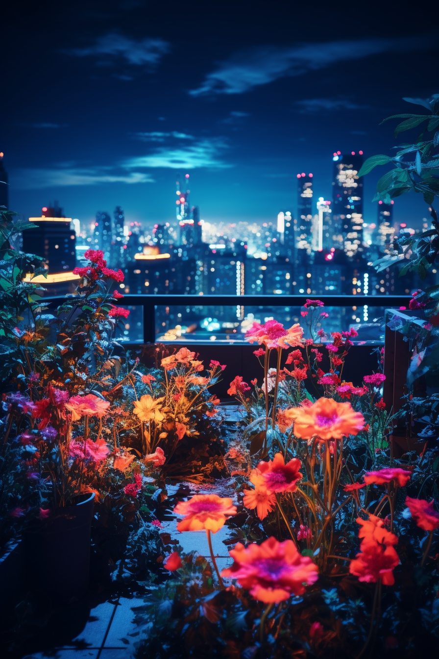 Cyberpunk Garden with a Cityscape View
