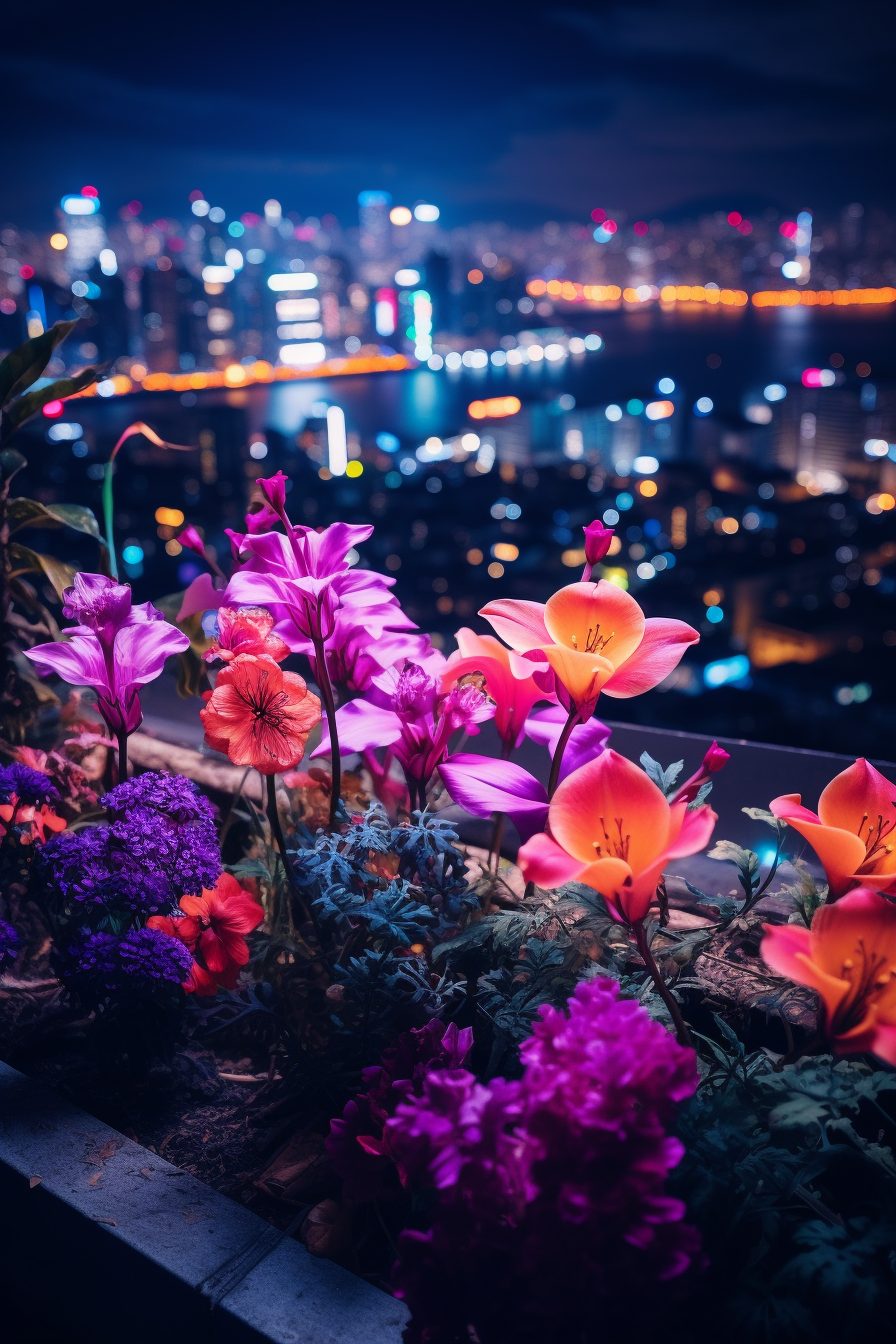 Cyberpunk Garden with a Cityscape View