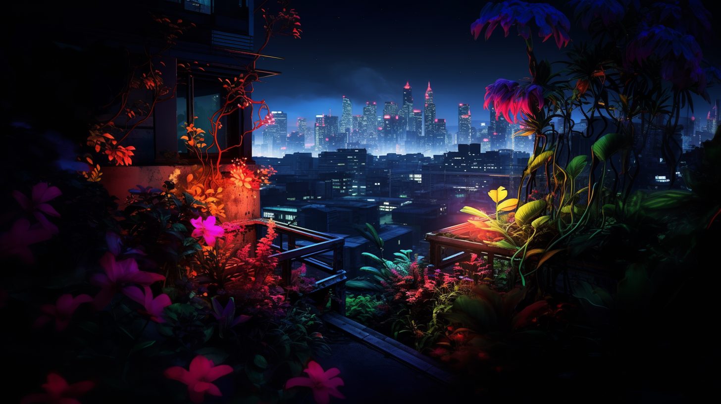 Cyberpunk Garden with a Cityscape View