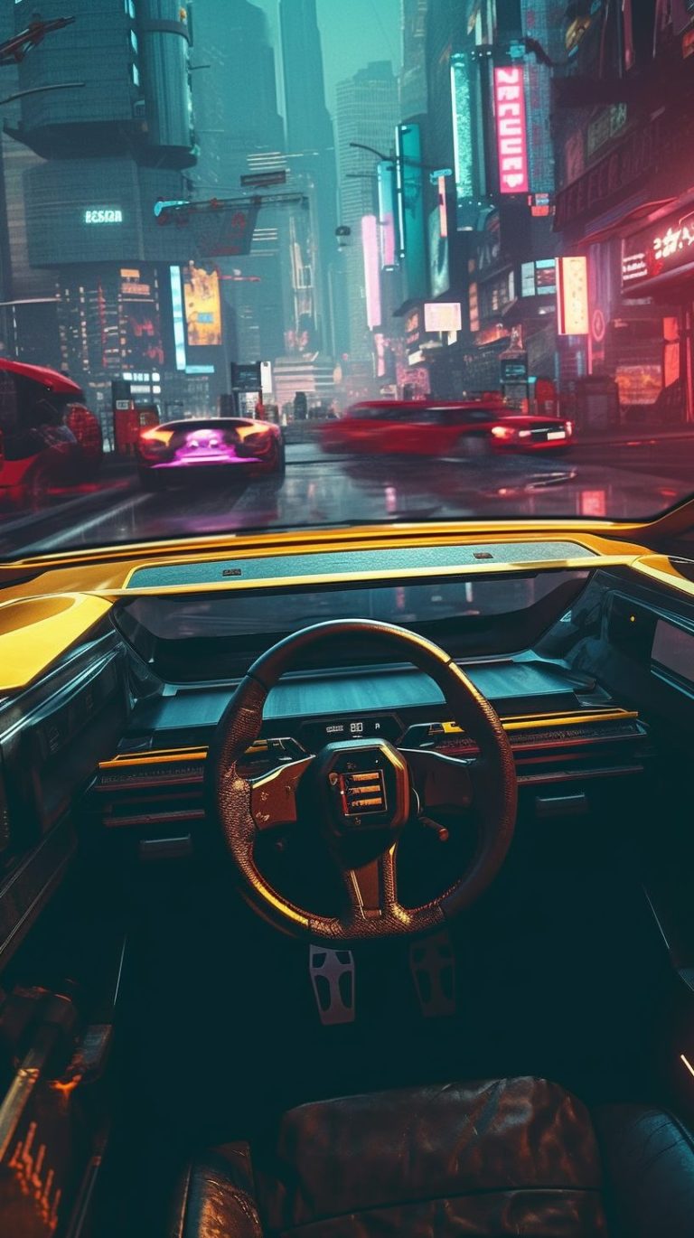 Driver View of a Cyberpunk City