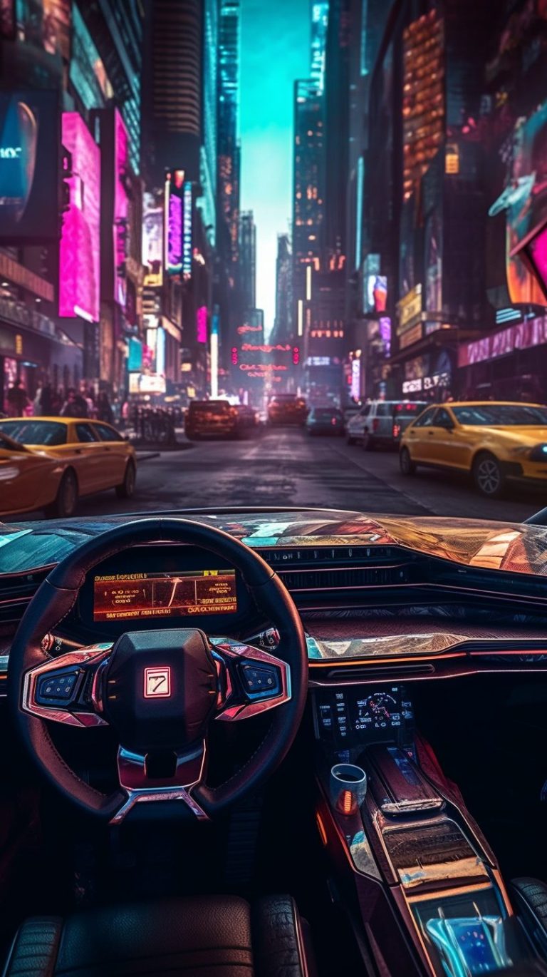 Driver View of a Cyberpunk City