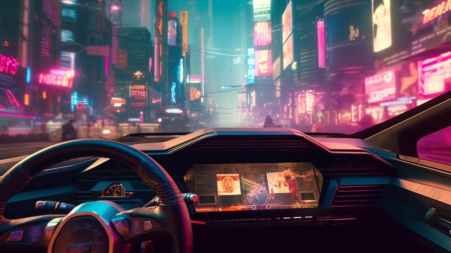 Driver View of a Cyberpunk City