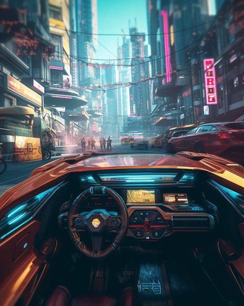 Driver View of a Cyberpunk City