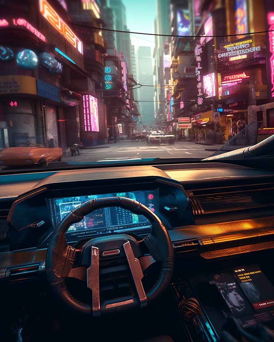Driver View of a Cyberpunk City