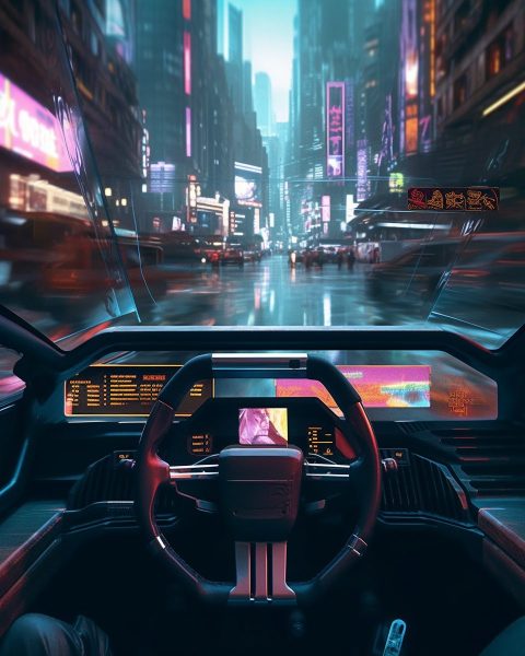 Driver View of a Cyberpunk City