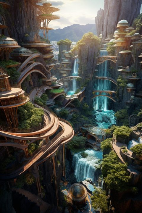Futuristic City Built on Waterfalls