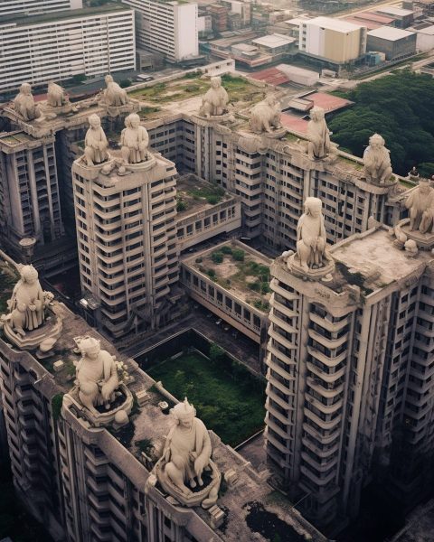 High-Rise Apartment Buildings and Statues