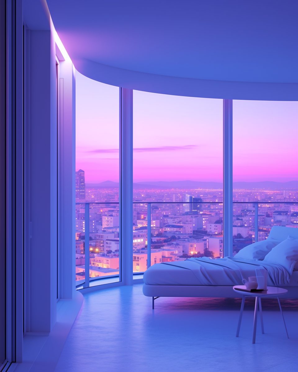 A Minimalist Style Room has a Colorful Cityscape View
