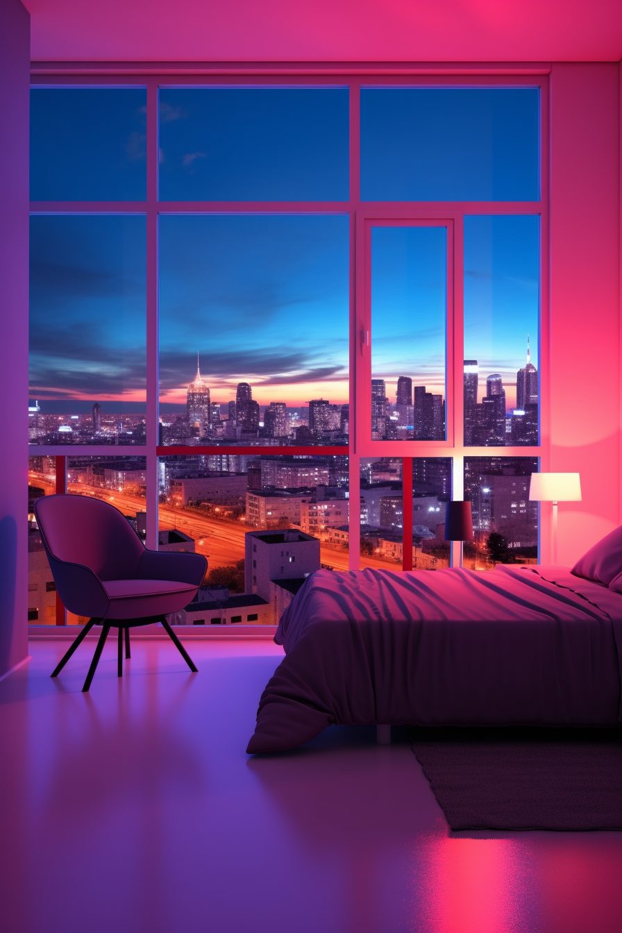 A Minimalist Style Room has a Colorful Cityscape View