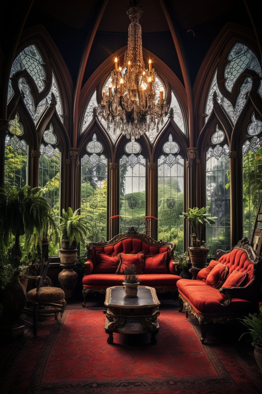 Gothic Living Room with a Chandelier