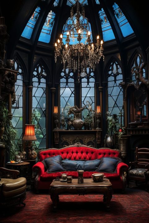Gothic Living Room with a Chandelier