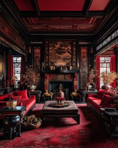 Modern Chinese Home Interior – Red and Dark Wood Accents