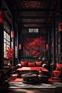 Modern Chinese Home Interior – Red and Dark Wood Accents