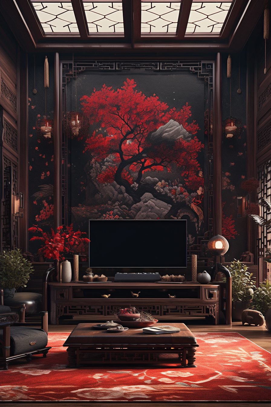 Modern Chinese Home Interior – Red and Dark Wood Accents
