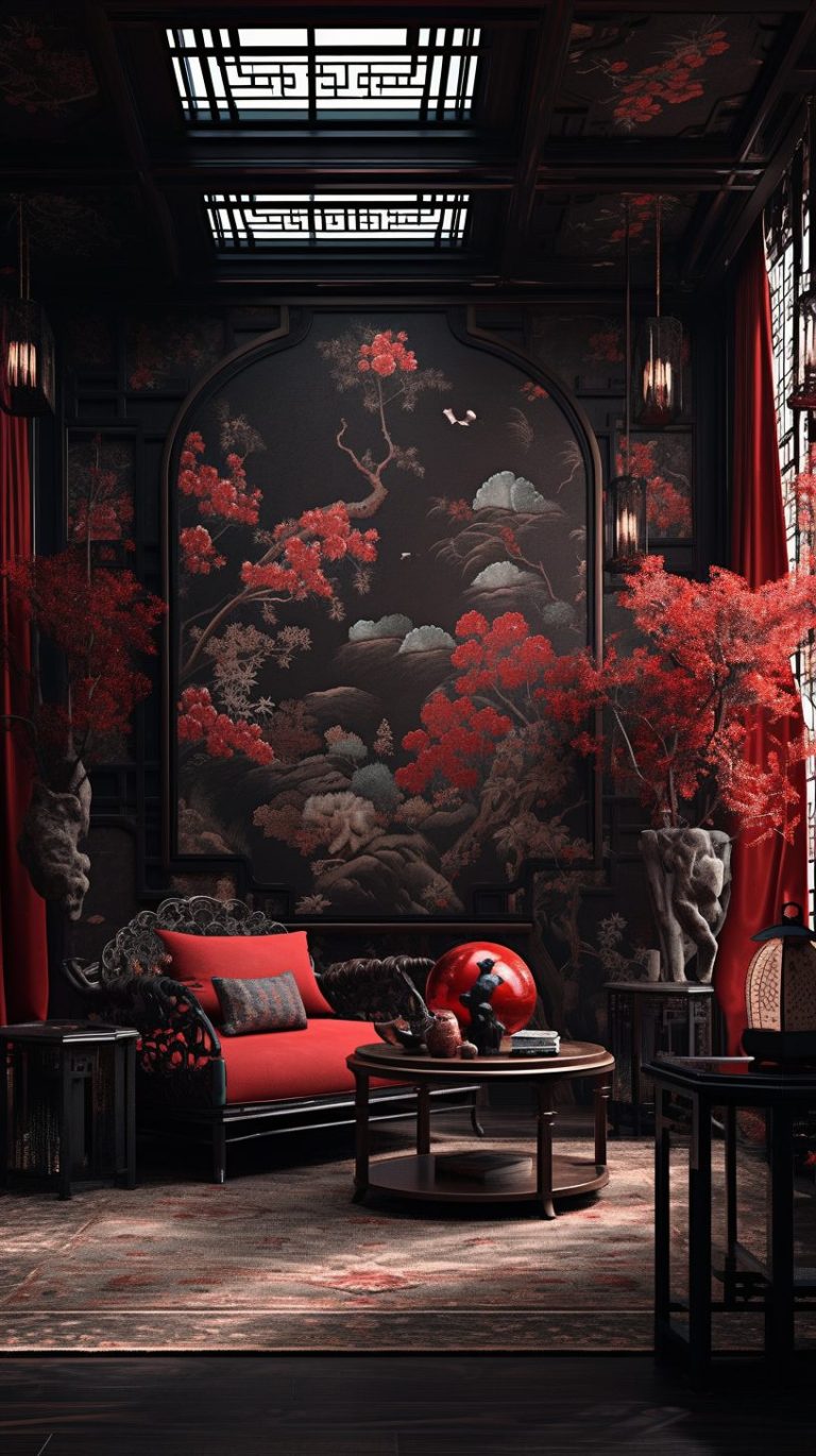 Modern Chinese Home Interior – Red and Dark Wood Accents