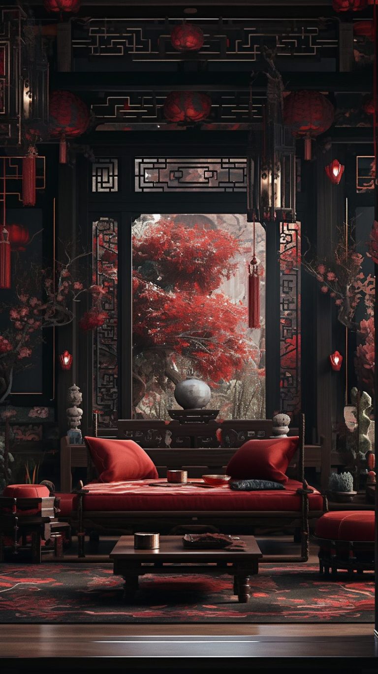 Modern Chinese Home Interior – Red and Dark Wood Accents