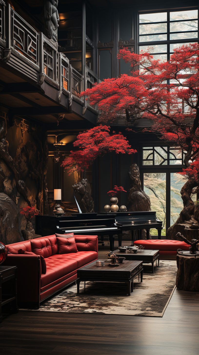 Modern Chinese Home Interior – Red and Dark Wood Accents