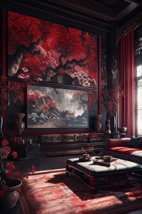 Modern Chinese Home Interior – Red and Dark Wood Accents