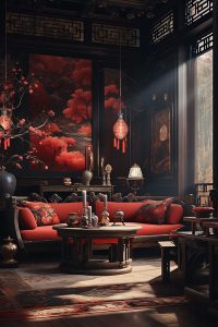 Modern Chinese Home Interior – Red and Dark Wood Accents