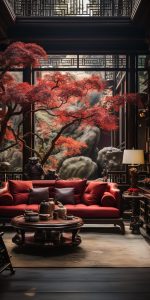 Modern Chinese Home Interior – Red and Dark Wood Accents