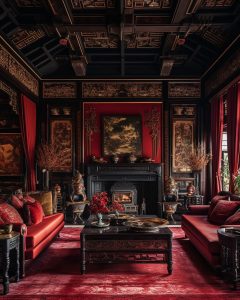 Modern Chinese Home Interior – Red and Dark Wood Accents